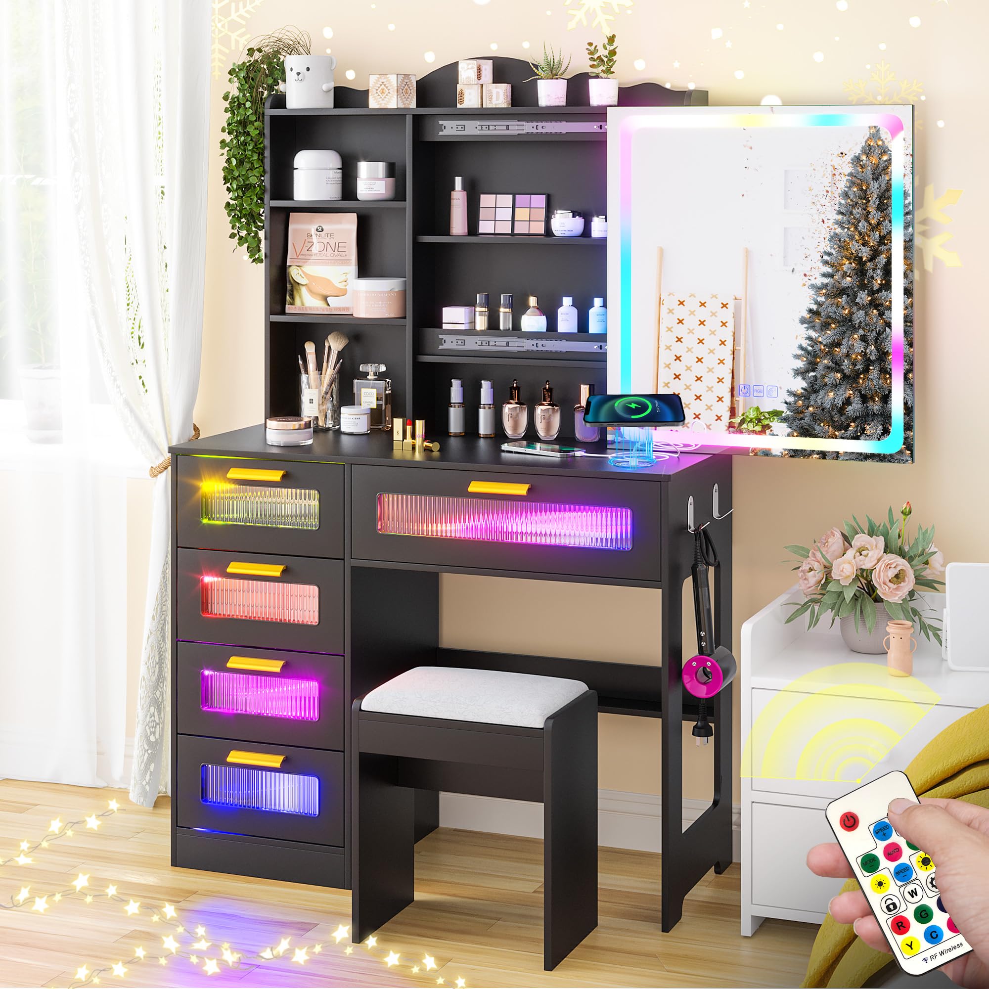 FOMNEY RGB LED Vanity Desk with Mirror and Lights, Makeup Vanity Desk with 3-in-1 Charging Station, Vanity Set with Stools&Sliding Mirror, Make UP Table with 5 Drawers (Black)