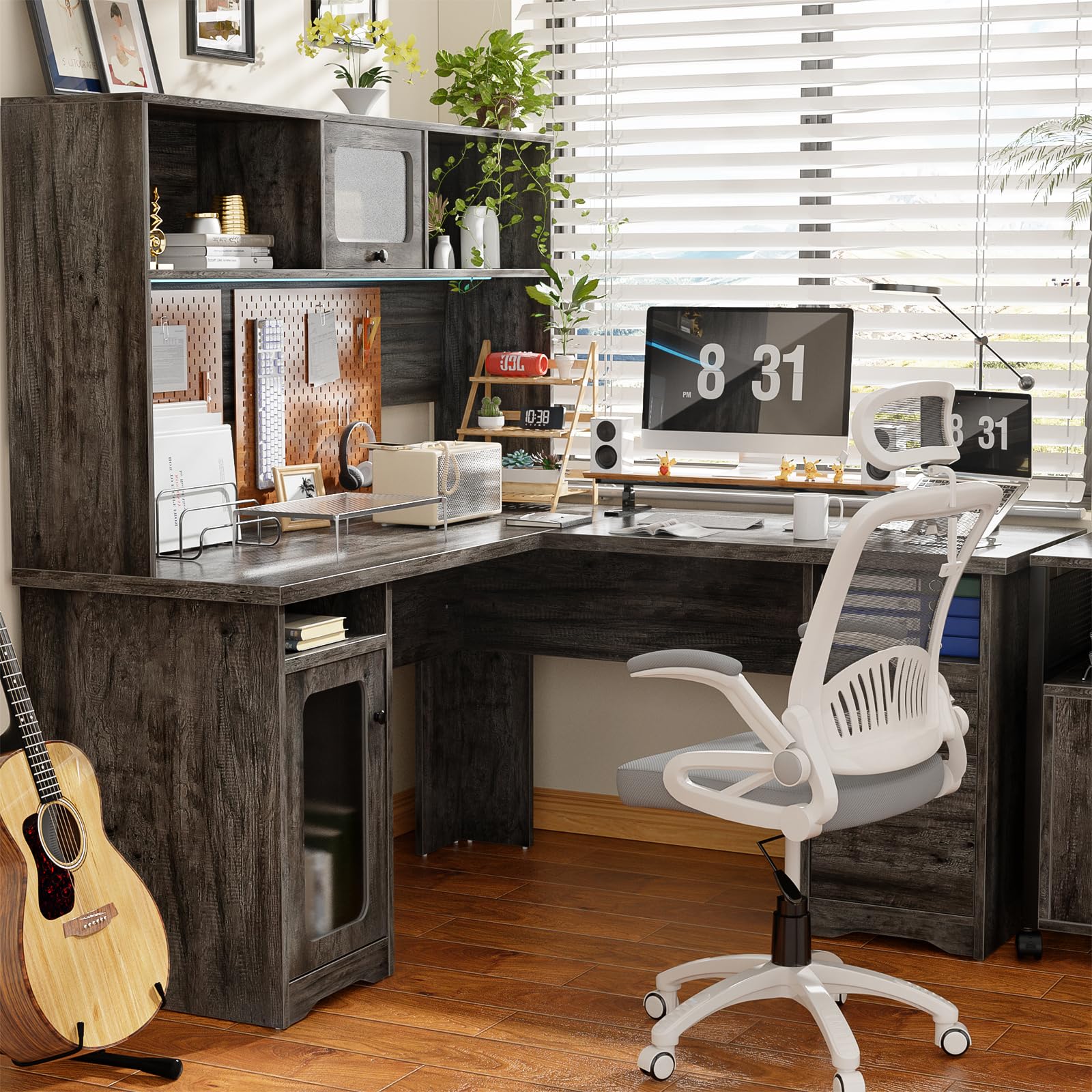 Unikito Office Desk with Drawers and Hutch, Large L Shaped Computer Desk with Power Outlet and LED Lights, 60 Inch Modern Corner Desk with File Cabinets, Sturdy 2 Person Home Office Table, Gray Oak