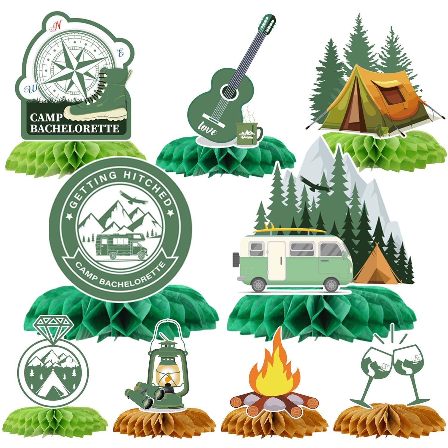 Refavor Camp Bachelorette Party Decorations - 9PCS Camping Bachelorette Party Table Decorations Camping Party Honeycomb Centerpieces Bridal Shower Supplies Bachelorette Party Decor Outdoor