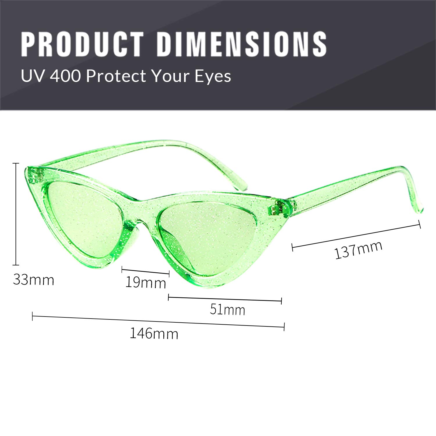 GIFIORE Retro Vintage Cat Eye Sunglasses for Women Trendy Narrow Cateye Frame Sun Glasses (Neon Green Frame Green Lens with Glitter)