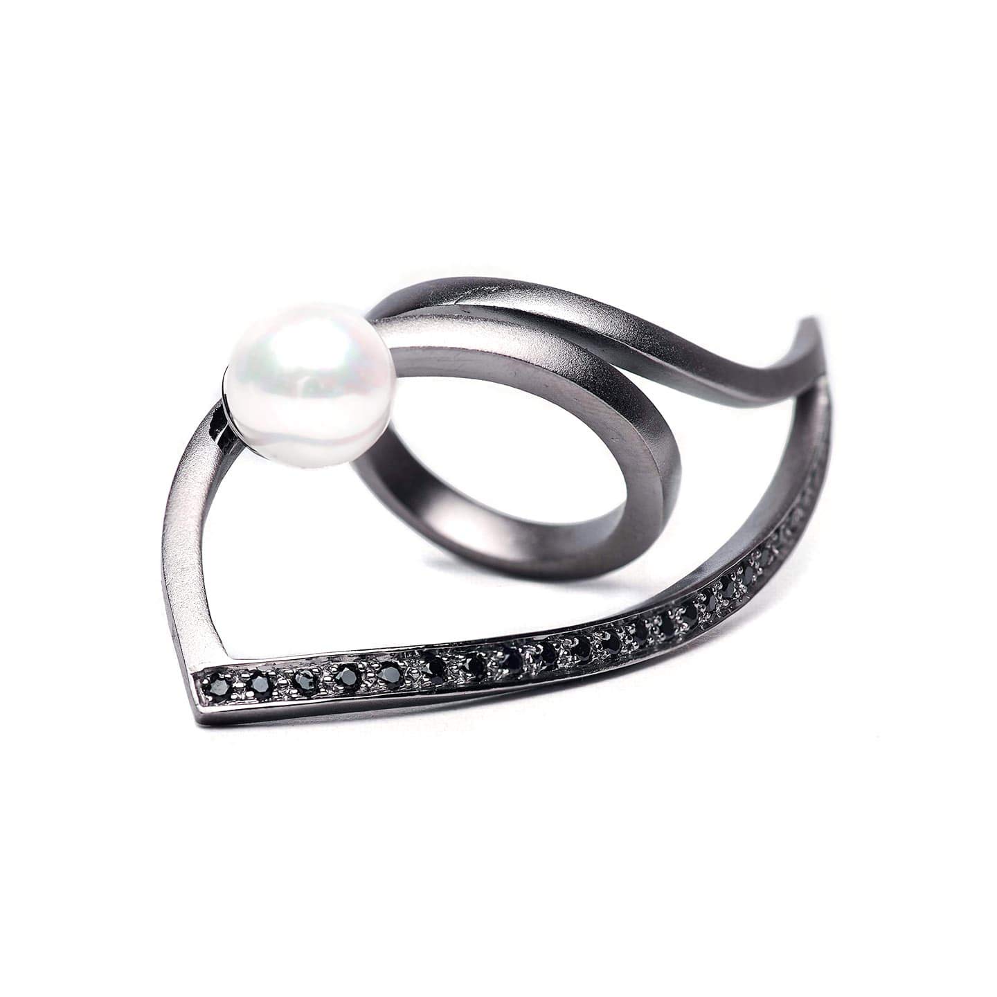 german kabirski Handmade 925 Sterling Silver Pearl and Black Spinel Ring with all Black Rhodium Plating Size 6