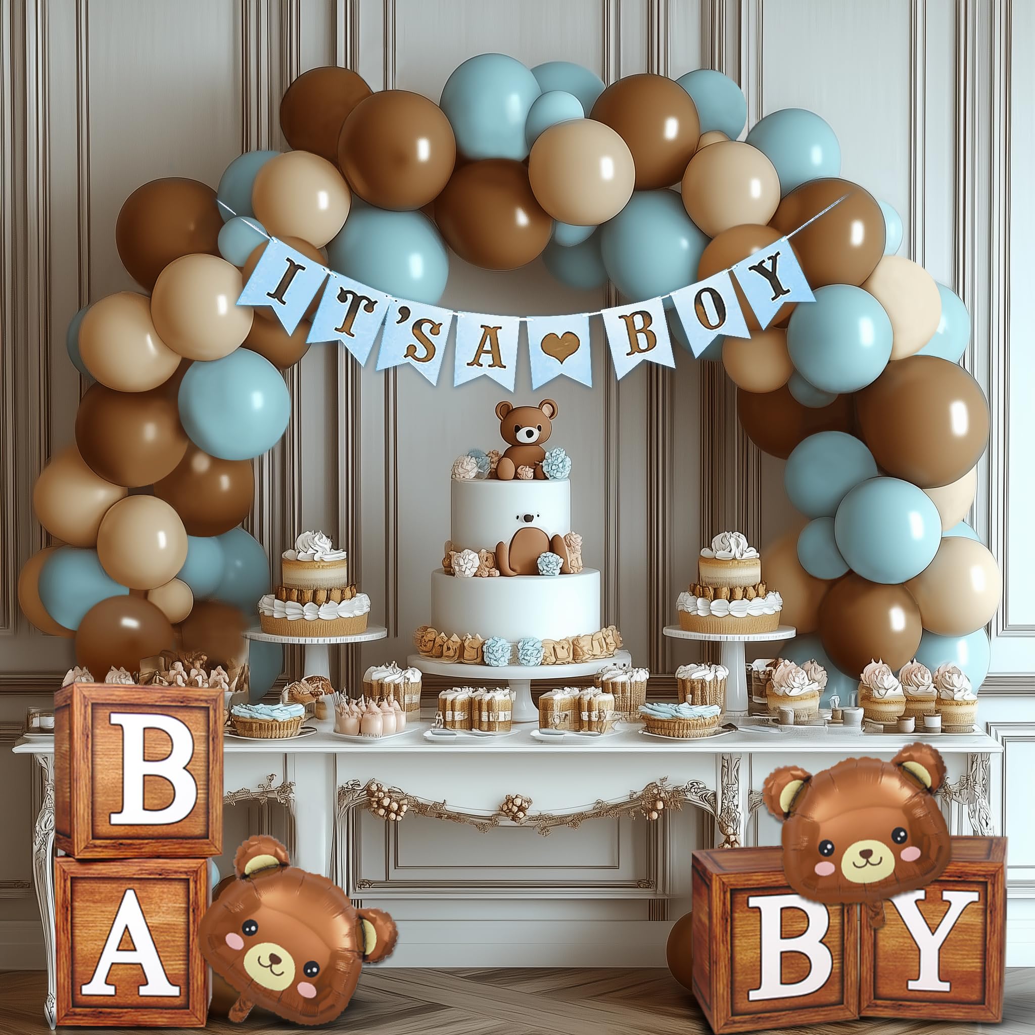 Party Spot!Bear Baby Shower Decorations Boy,80 pcs Balloons,4 Wood Grain Blocks with Letter,"We can bearly wait" Backdrop,Banner,Tablecloth,Balloon Pump, Blue Brown Bear Theme