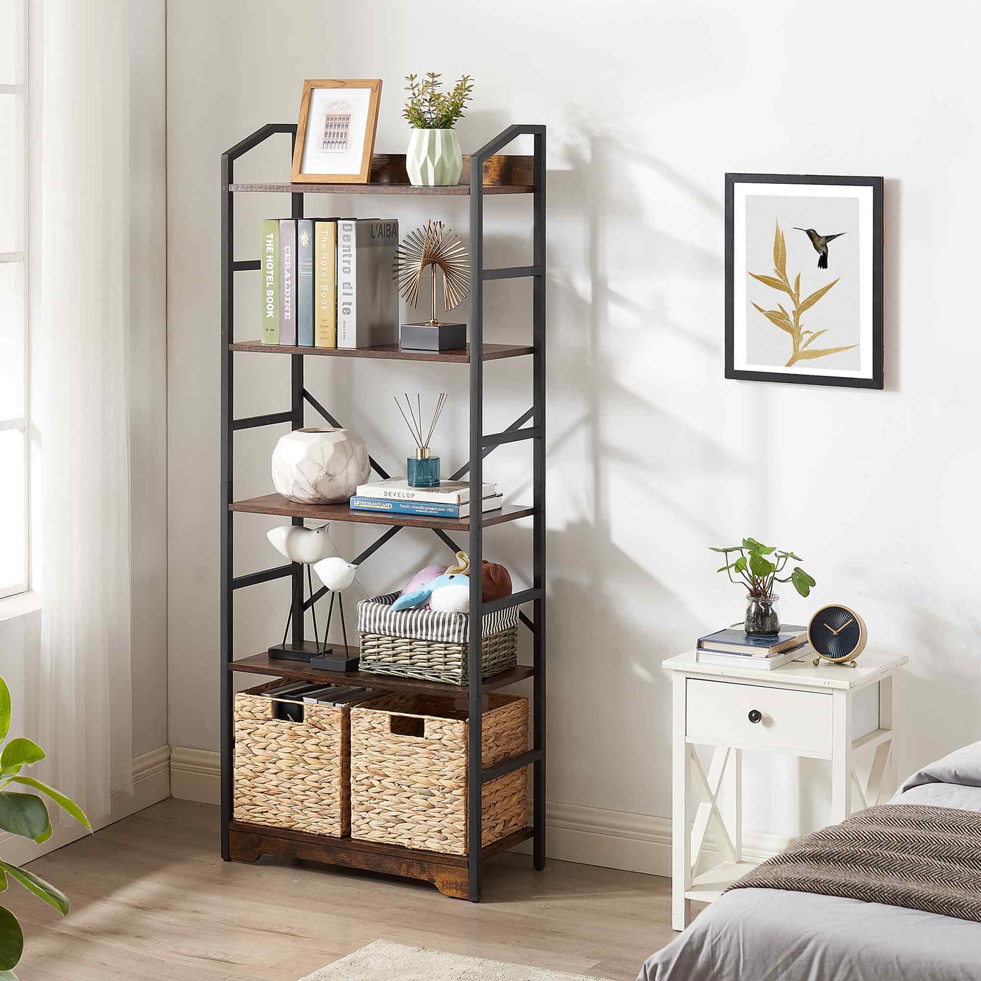 Vagusicc 5 Tier Bookshelf with 2 Storage Baskets, Tall Bookcase Shelf Storage Organizer Wood Book Shelf, Modern Shelf Rack Shelves with Steel Frame, Multipurpose Bookshelf for Bedroom Living Room
