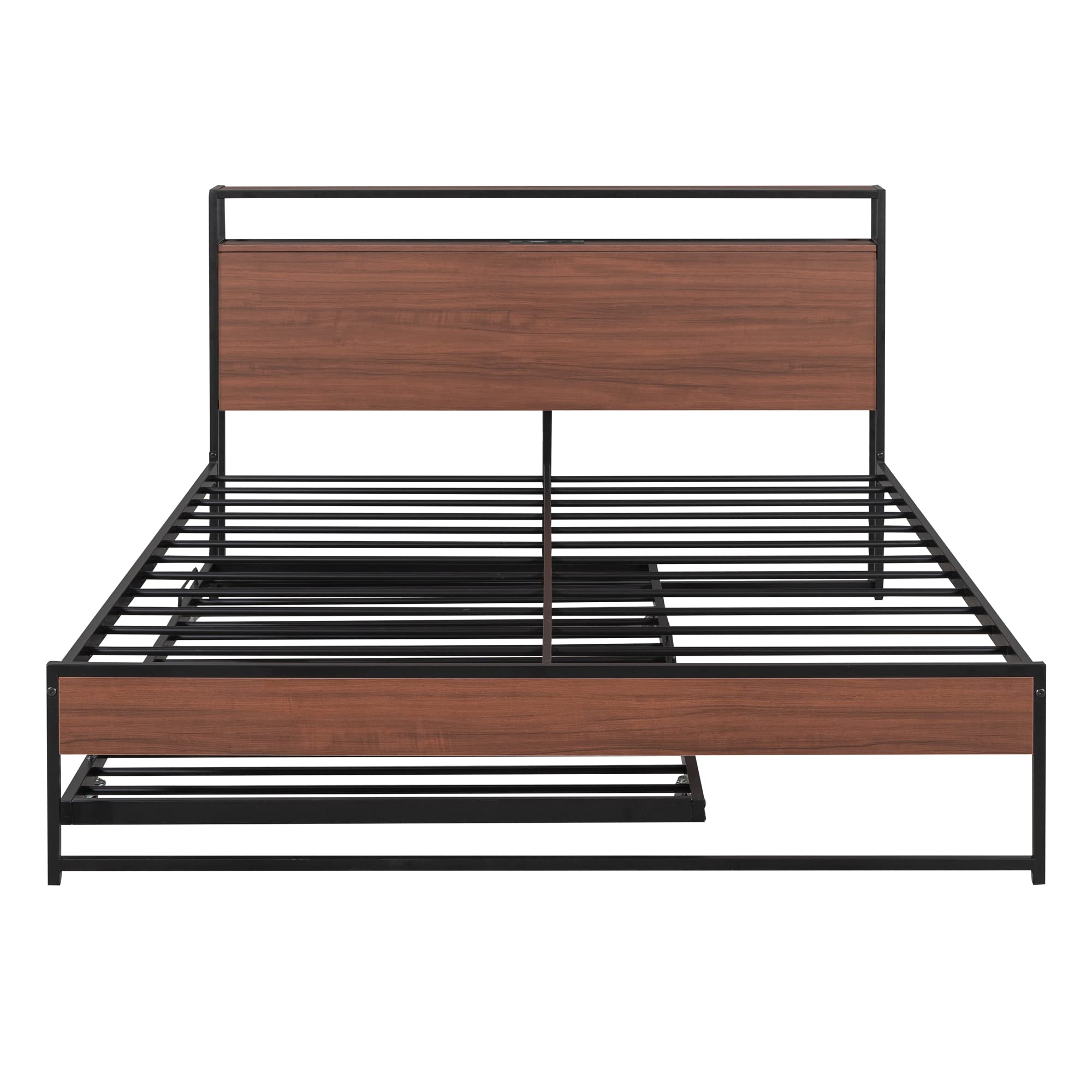 LostCat Queen Bed with Trundle, Metal Bed Frame with Twin Size Trundle, Queen Size Bed Frame with Storage Headboard USB Ports Outlets for Bedroom, Steel Slat Support, No Box Spring Needed, Black
