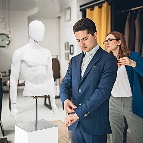 Giantex Male Mannequin Torso Adjustable Height Detachable Arms Dress Form Display w/ Metal Stand, Bright White