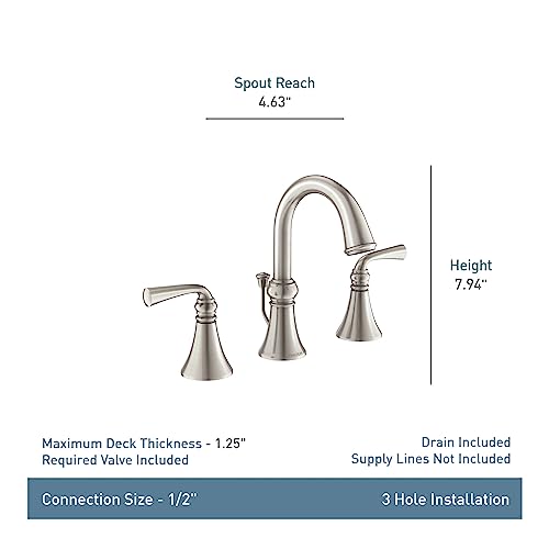 Moen Wetherly Spot Resist Brushed Nickel Two-Handle Widespread Bathroom Faucet with Valve Included, Bathroom Faucets for Sink 3-hole Deck Mounted Setup, WS84855SRN, β4.63 x 14 x 7.94 inches
