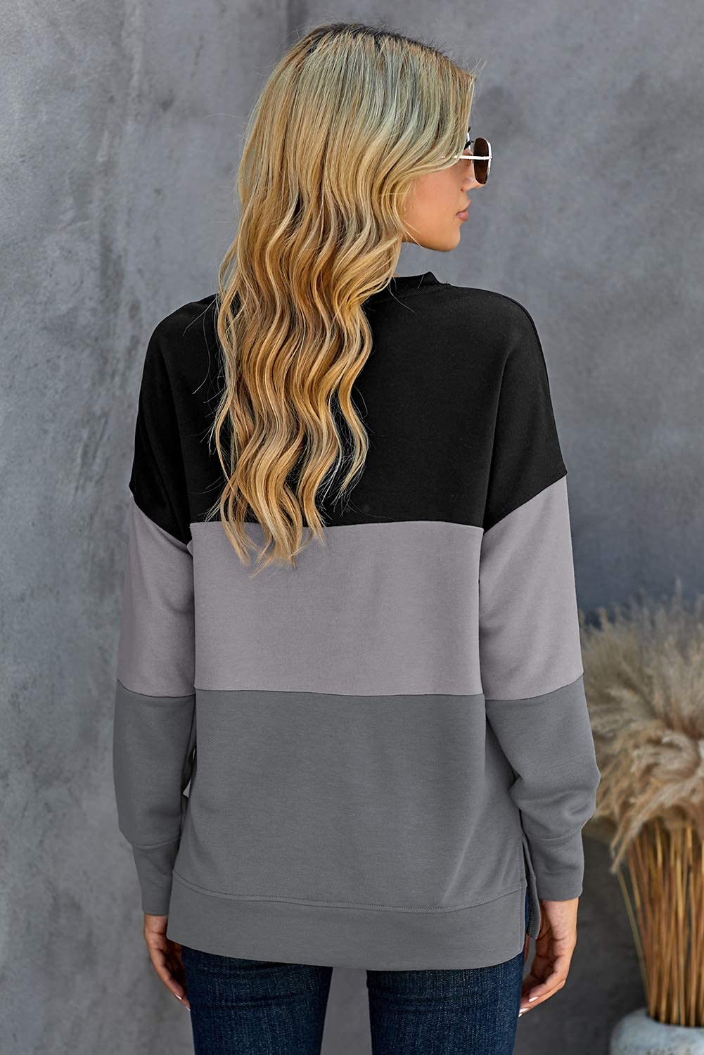 HOTAPEI Womens Fashion Lightweight Color Block Patchwork Sweatshirts Round Neck Long Sleeve Loose Pullover Tops Black Medium 8 10