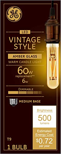 GE Lighting VintaStyle LED Tube Light Bulb, 6 Watts (60 Watt Equivalent) Warm Candle Light, Amber Glass, Medium Base, Dimmable (1 Pack)