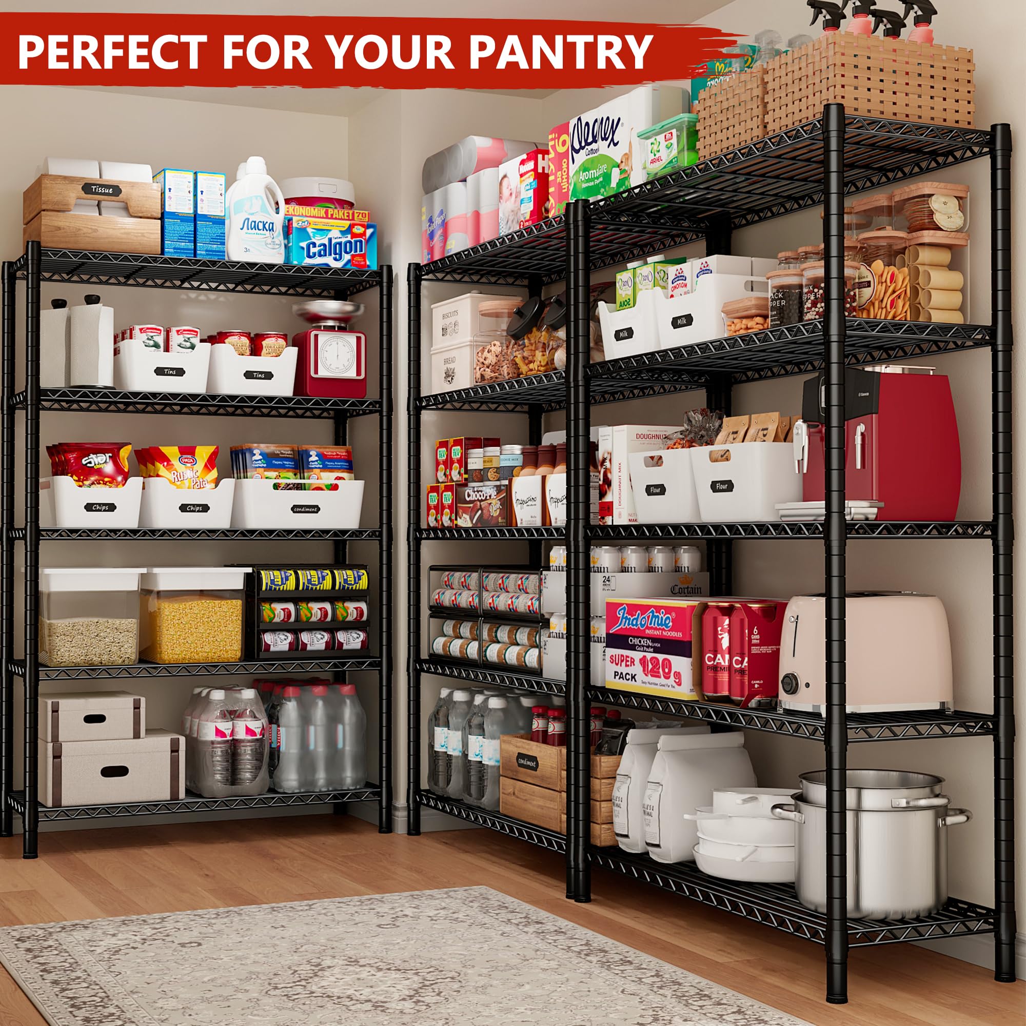 REIBII 72''W Wire Shelving Loads 2100LBS,5 Tier Metal Shelving with Adjustable Storage Shelves 36''W Garage Shelving Heavy Duty with Wheels Metal Shelves for Storage Rack 2PC,76''HX36''WX16''D