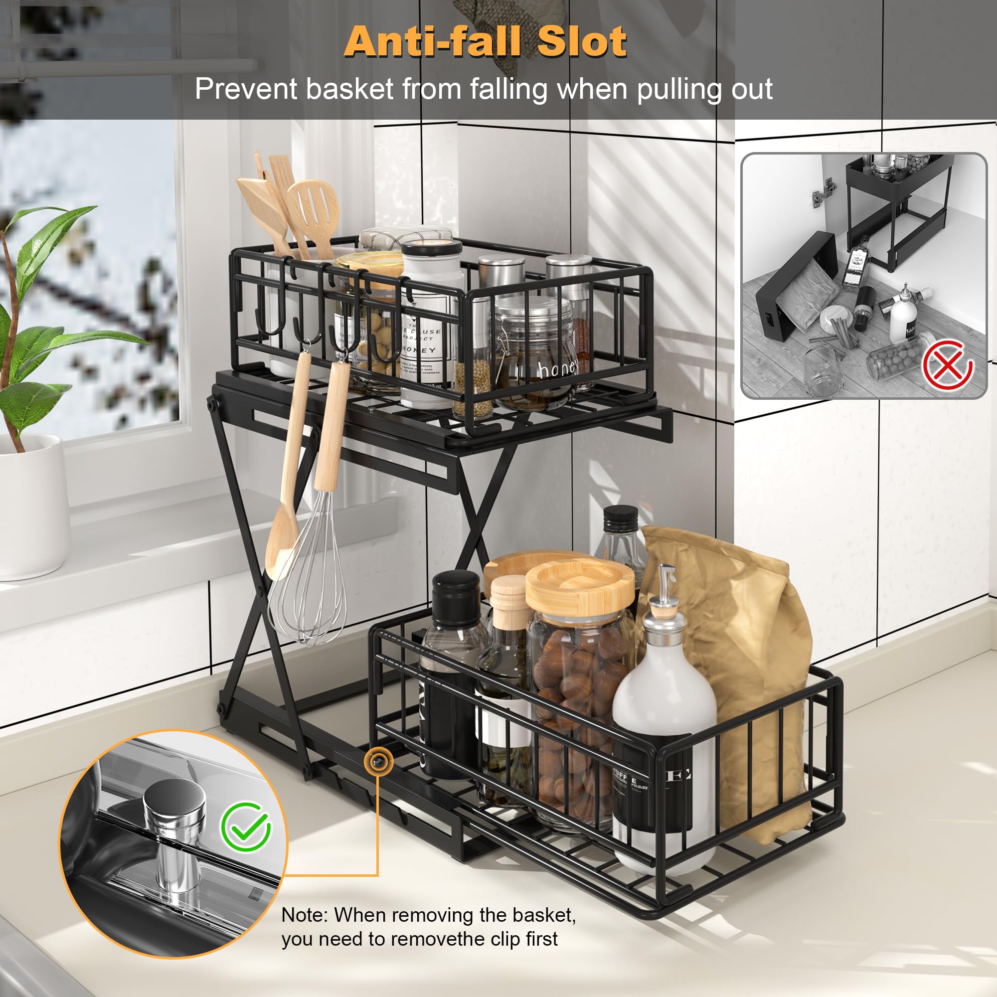 Under Bathroom Sink Organizer, 2-Tier Under The Sink Organizer and Storage Adjustable Pull Out Organization Basket, Sliding Drawer Shelf with Hooks for Kitchen Bathroom Cabinet, 2 Pack