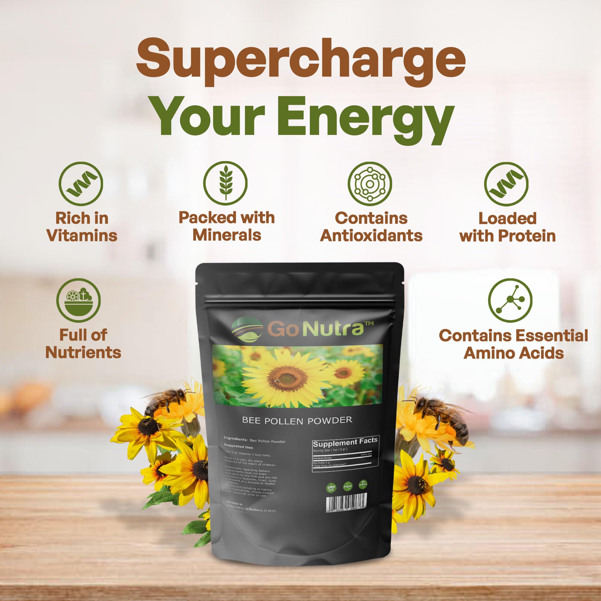 Go Nutra - Bee Pollen Powder, Pure Bee Pollen Powder, Bee Pollen Supplement for Humans, Dogs, Bearded Dragon, and More, Non-GMO, Gluten-Free, Vegan, 8 oz
