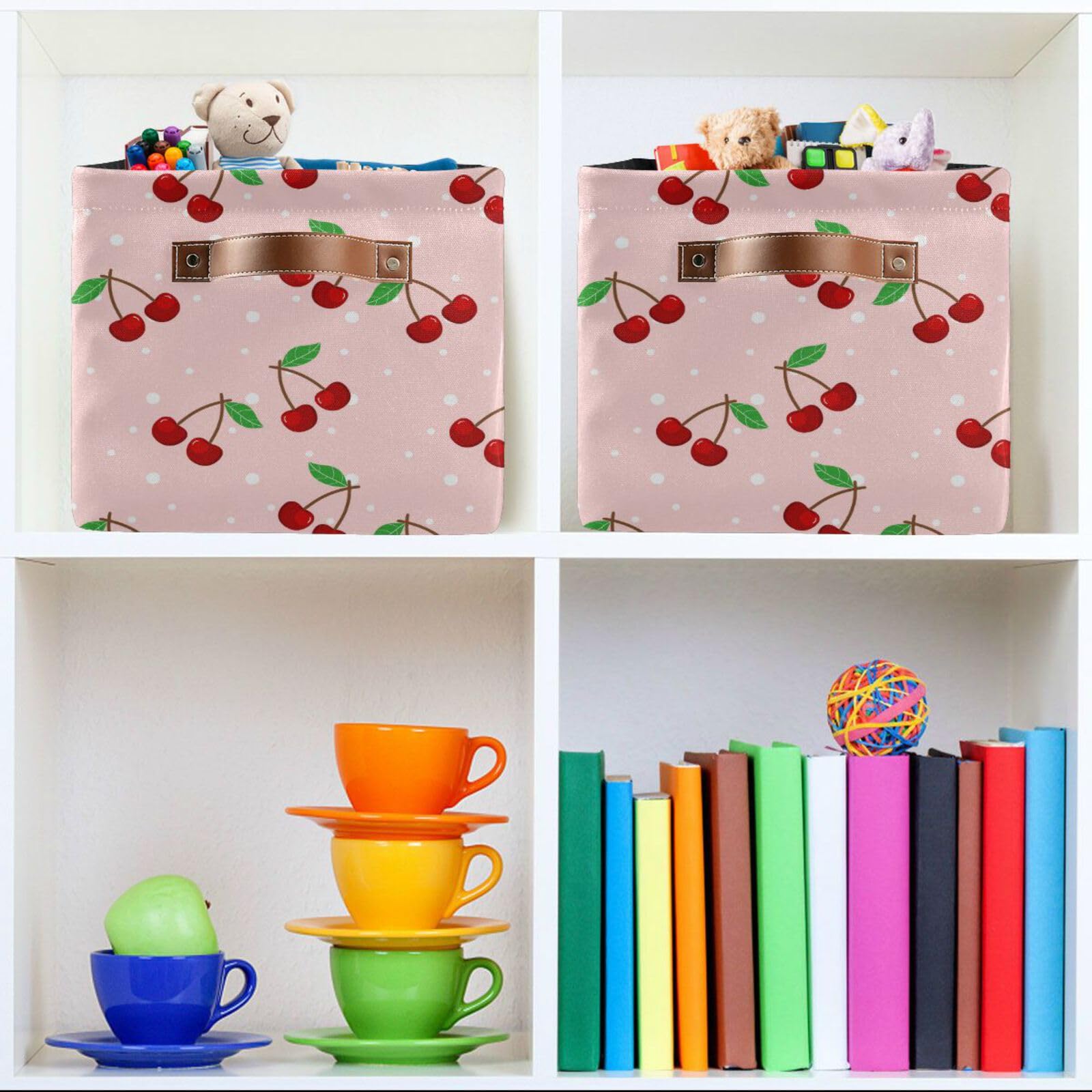 YEGAME Storage Basket Cherry Rectangular Collapsible Canvas Shelves Storage Bins with Leather Handles for Shelves Home Closet Bedroom Living Room, 1Pack