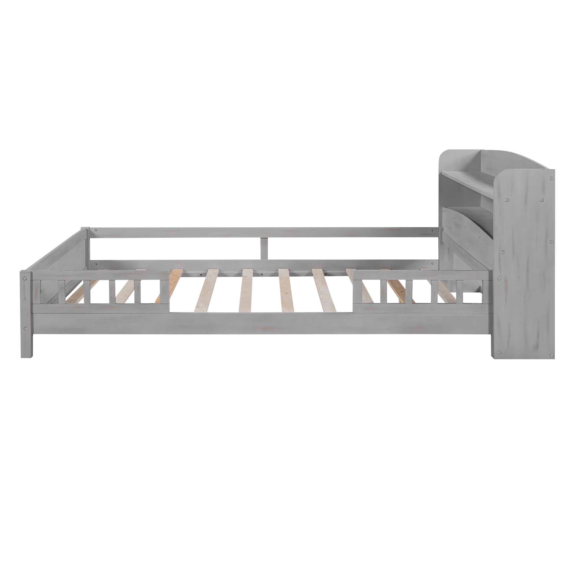 GJHOME Full Size Platform Bed with Built-in LED Light, Storage Headboard and Guardrail, Antique Grey for Kids and Adult Bedroom