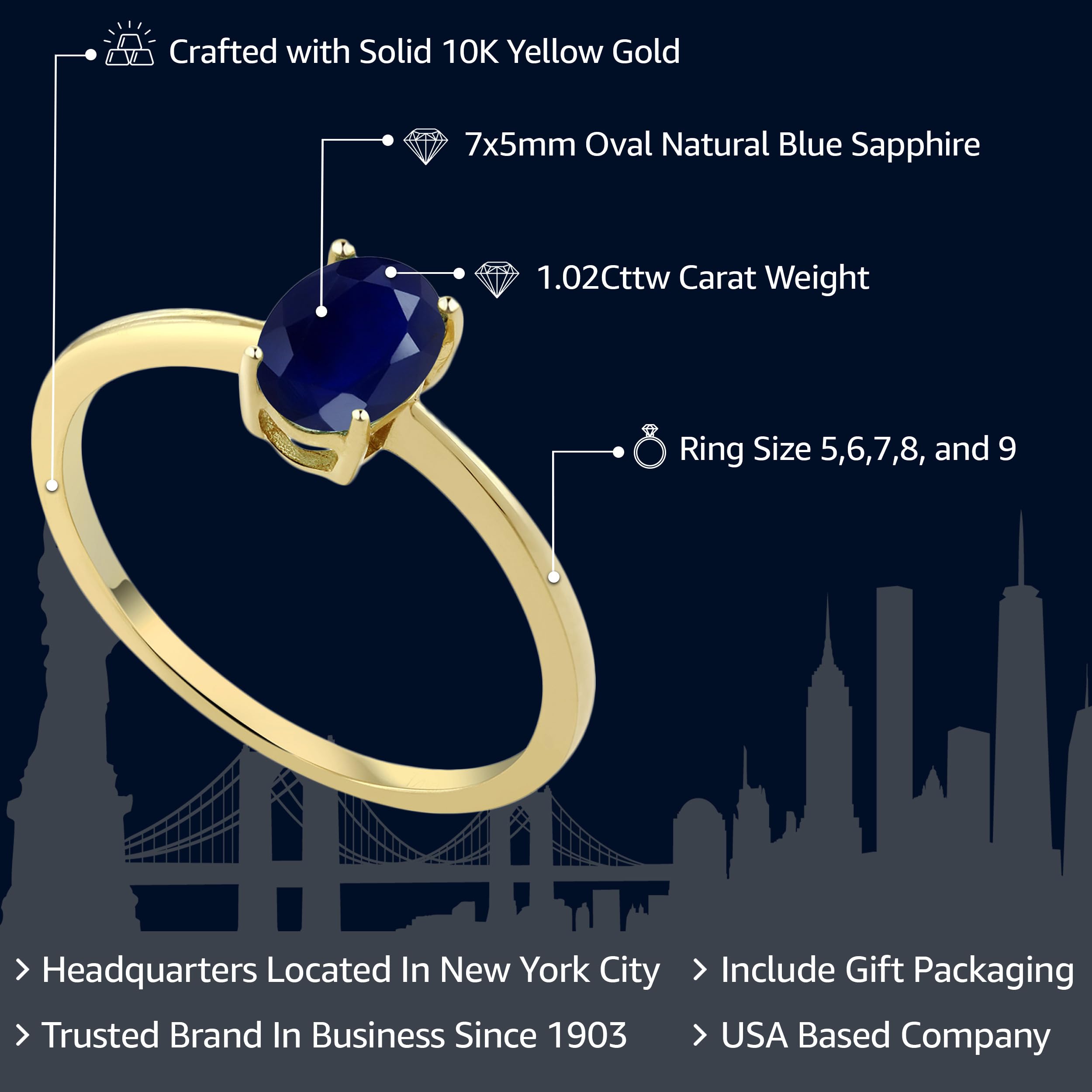 Gem Stone King 10K Yellow Gold Blue Sapphire Solitaire Engagement Ring | 1.02 Cttw | Oval 7X5MM | Gemstone Birthstone | Wedding Engagement Anniversary Promise Ring For Women (Size 9)