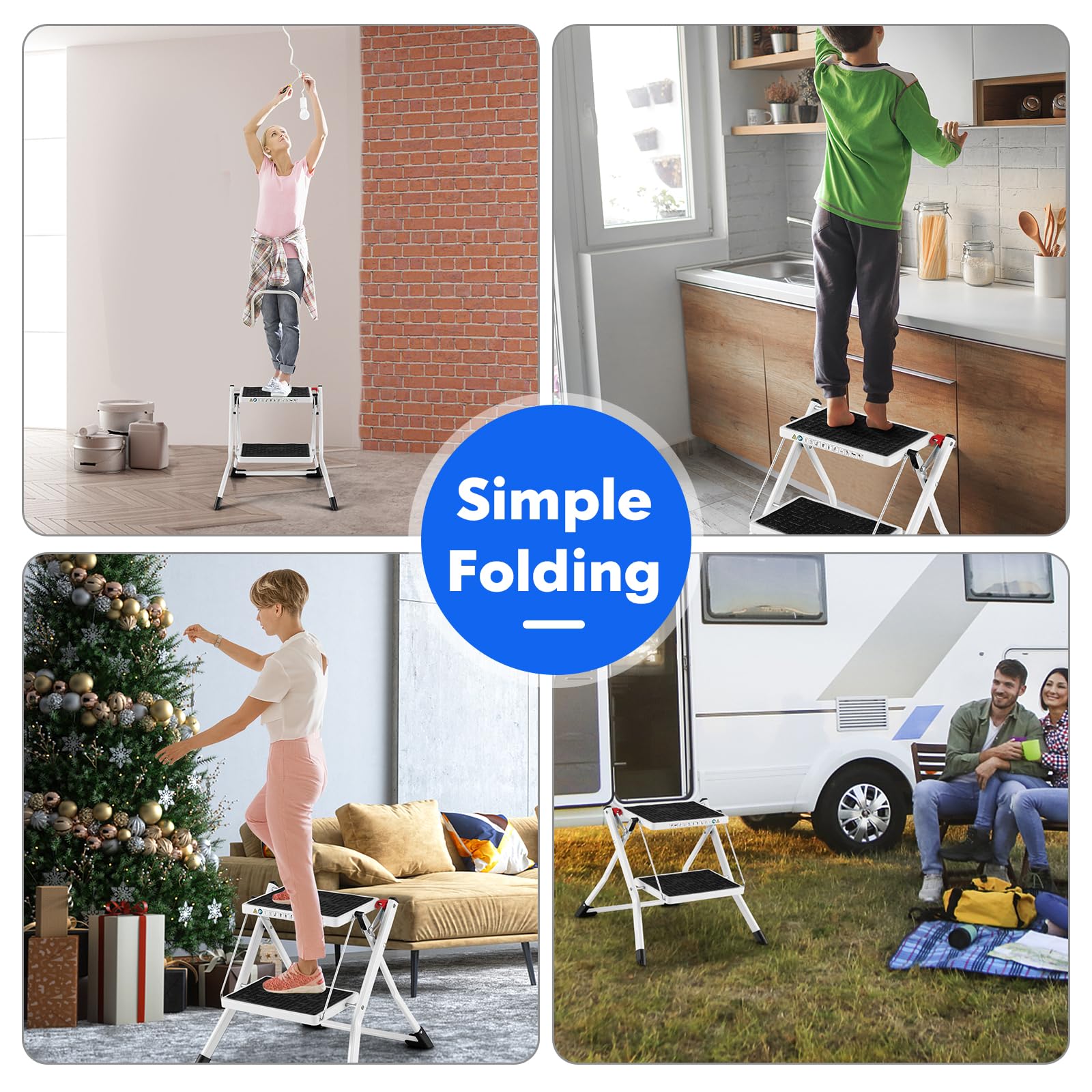 Goplus 2 Step Ladder, Lightweight Folding Step Stool with Anti-slip Pedals, Non-slip Foot Covers, Heavy Duty Metal Stepladder for Household, Kitchen, 330 LBS Weight Capacity, White & Black