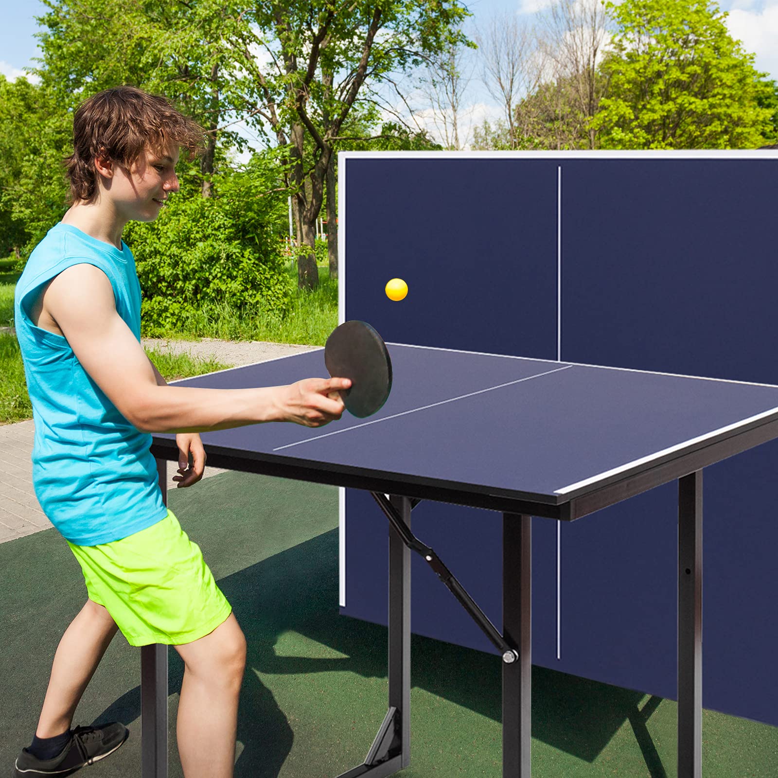 GYMAX Folding Table Tennis Table, Portable Free Installation Mini Ping Pong Table with Net, Instant Set up Table Tennis Table Kit for Indoor/Outdoor (Blue)