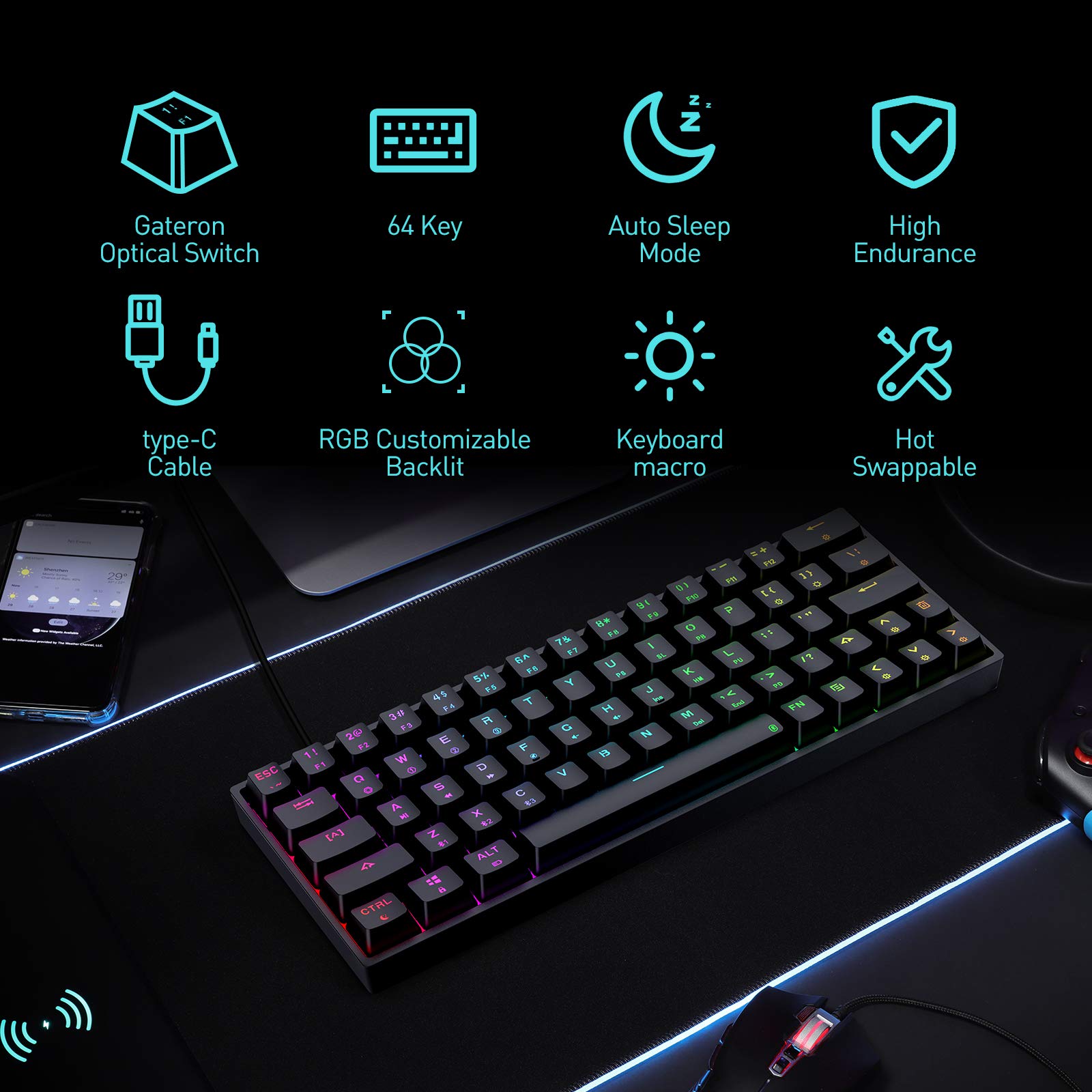 GIM KB-64 60% Mechanical Gaming Keyboard, 64 Keys RGB Backlit Hot Swappable Wired Keyboard with Full Keys Programmable (Gateron Optical Brown Switch)