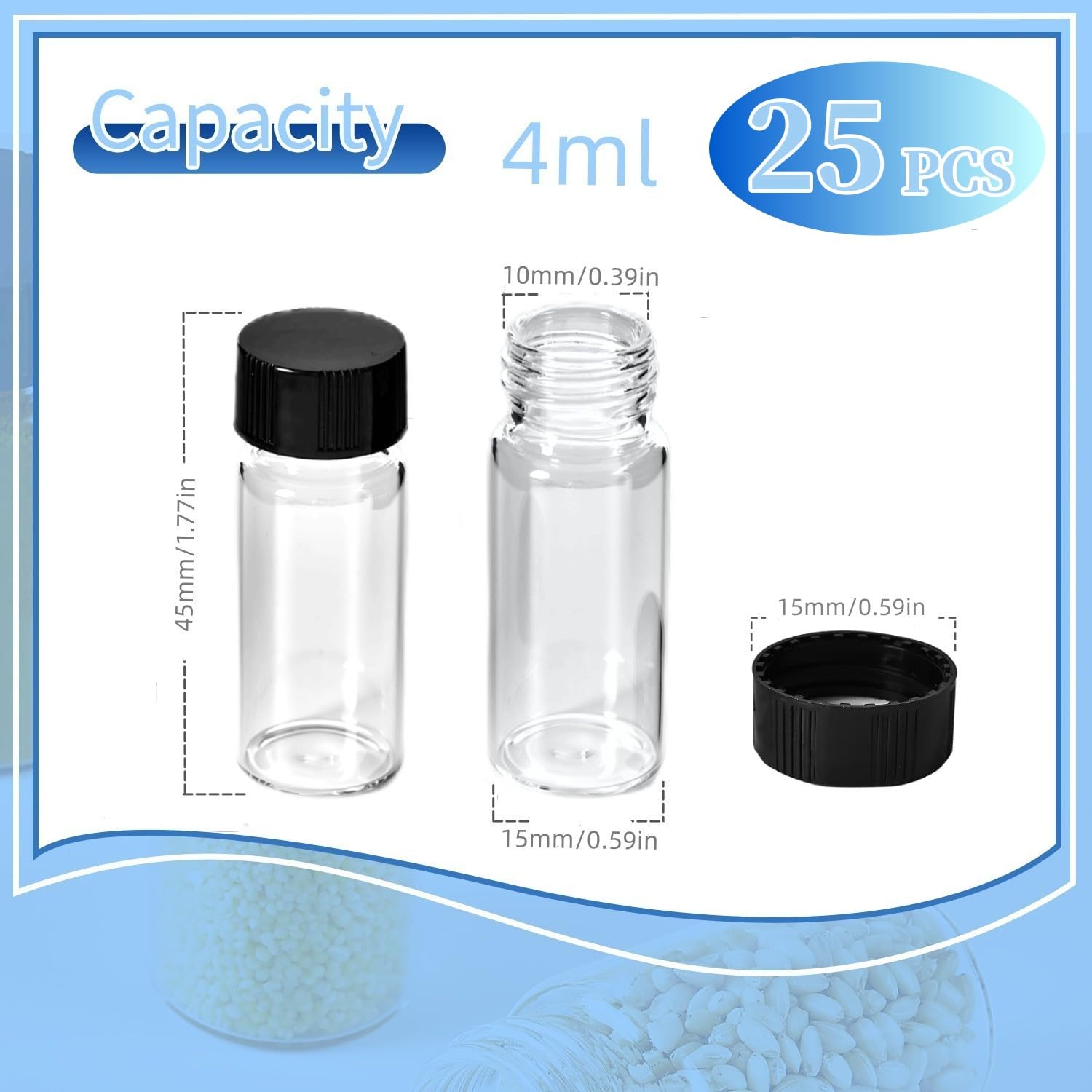 QOAEZK 25PCS 4ML(1 Dram) Clear Sample Vials, Small Liquid Glass Vial,Borosilicate Glass Empty Vials with Caps, 15 * 24mm,13-425 Black Screw Caps with PE Liners