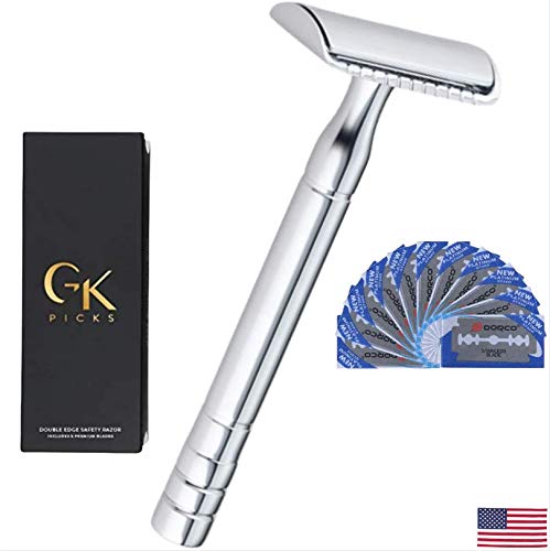 GK Picks – Premium Long Handle 3 Piece Safety Razor Double Edge Traditional Razor Kit includes 10 High Quality Blades