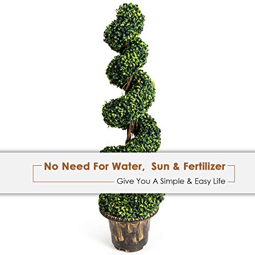 GOPLUS 4 Ft Artificial Boxwood Spiral Topiary Tree, Fake Greenery Plants, Leaves & Cement-Filled Plastic Flower Pot Decorative Trees for Porch Home Office Indoor Outdoor