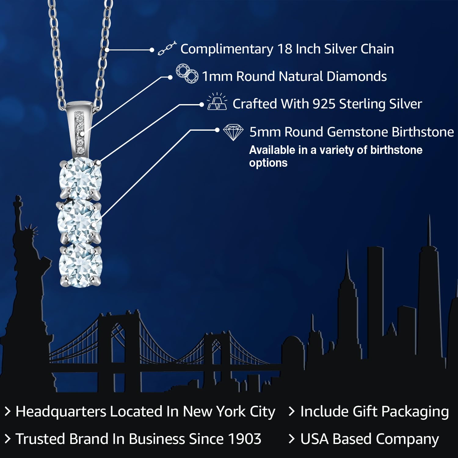 Gem Stone King 925 Sterling Silver Sky Blue Aquamarine and Diamond Women's 3-Stone Pendant Necklace (1.24 Cttw, Gemstone Birthstone, Round 5MM, with 18 Inch Silver Chain)