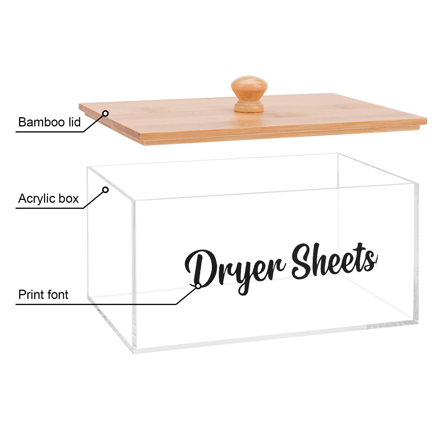 VOTLEVT Acrylic Dryer Sheet Holder with Bamboo Lid,Laundry Dryer Sheet Container and Dispenser for Laundry Room, Fabric Sheet Holder Laundry Organizer