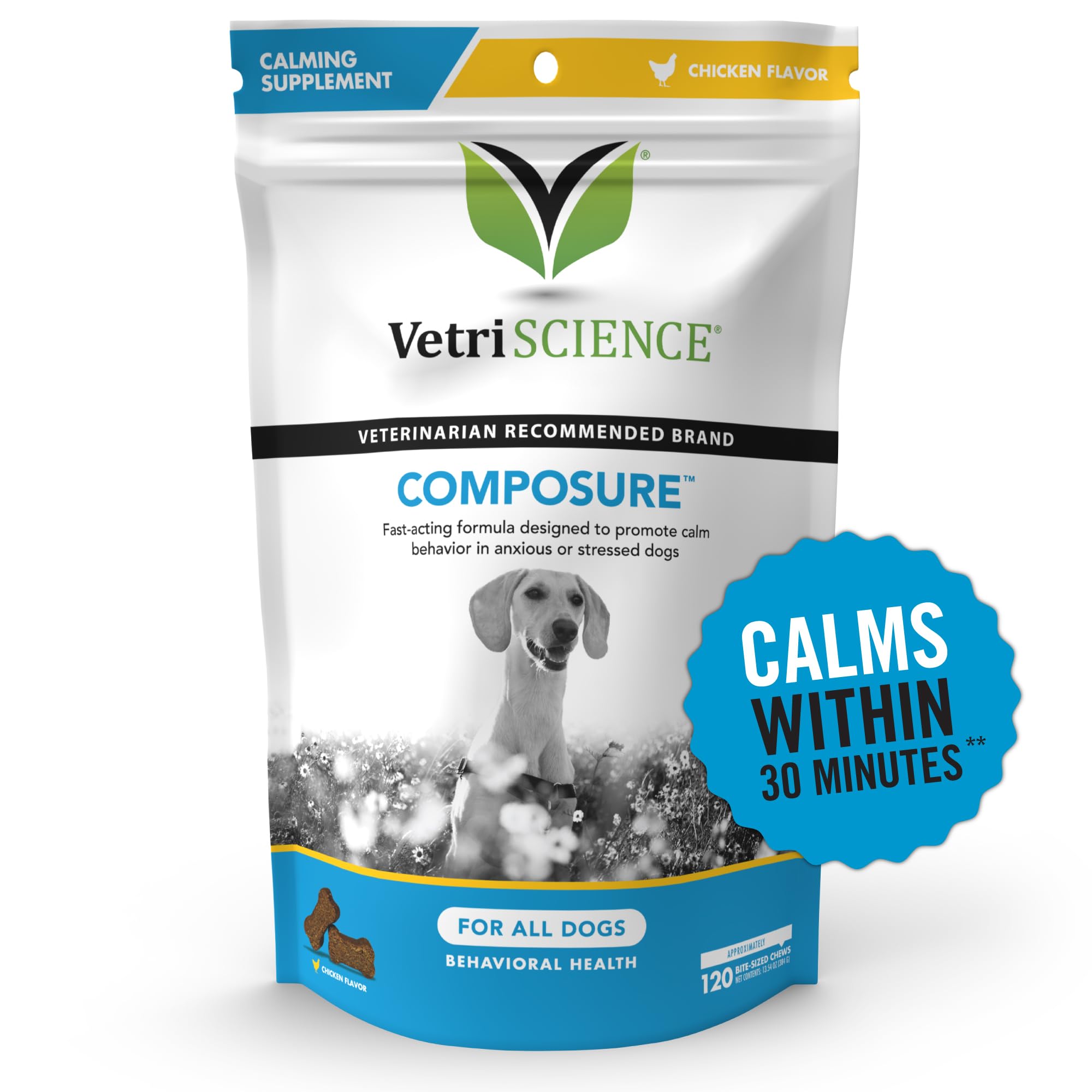 VetriScience Composure Calming Chews for Dogs - Clinically Proven Dog Anxiety Relief Supplement with Colostrum, L-Theanine & Vitamin B1 for Stress, Storms, Separation & More, 120 Count, Chicken Flavor