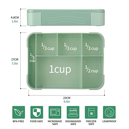 Vensp Bentobox,Kid Lunch Box, Bento Box Adult Lunch Box,Lunch Box Container for Kids/Adults/Toddler,1330ml-6 Compartments&Utensiles, Leak Proof,Microwave/Dishwasher/Refrigerator Safe(Green)