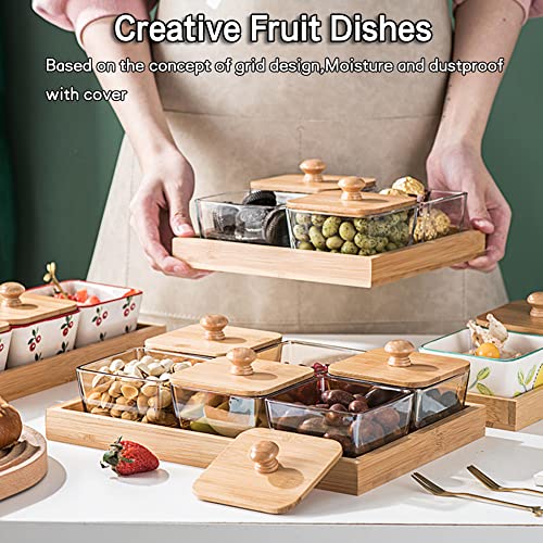 Square Snack Serving Tray,Divided Serving Tray with lid,Household Wooden Divided Serving Tray,Fruit Platter Tray for Parties,Snack Tray with lid,Suitable for Candy,Nuts,dips,Fruits