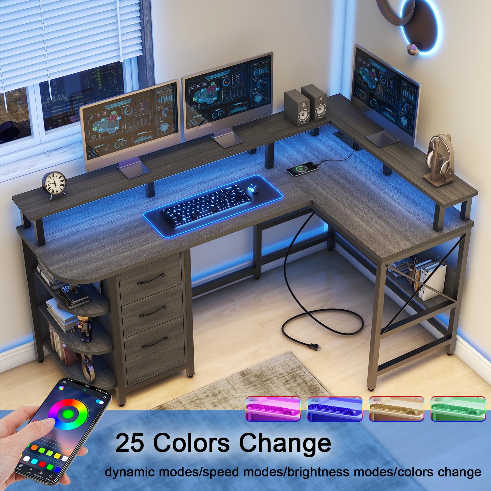 Vabches 67" L Shaped Computer Desk with LED Lights and Power Outlets, Reversible L Shaped Gaming Desk with 3 Drawers Hutch Monitor Stand, Home Office Desk with USB Port