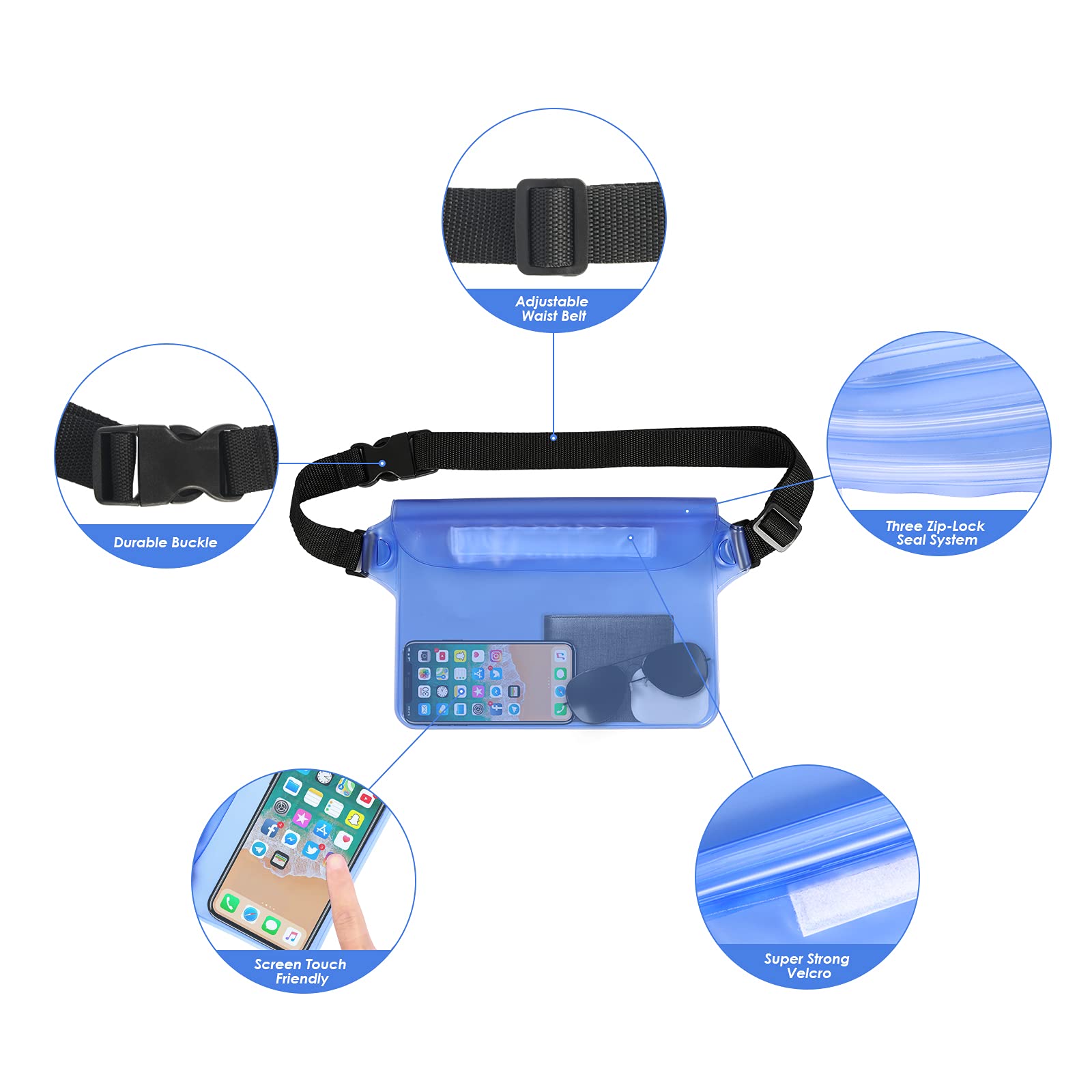 hanmir 2-Pack Waterproof Bag, Screen Touch Sensitive Waterproof Pouch with Adjustable Waist Strap, Waterproof Case Bag for Swimming,Diving,Beach,Fishing, Etc
