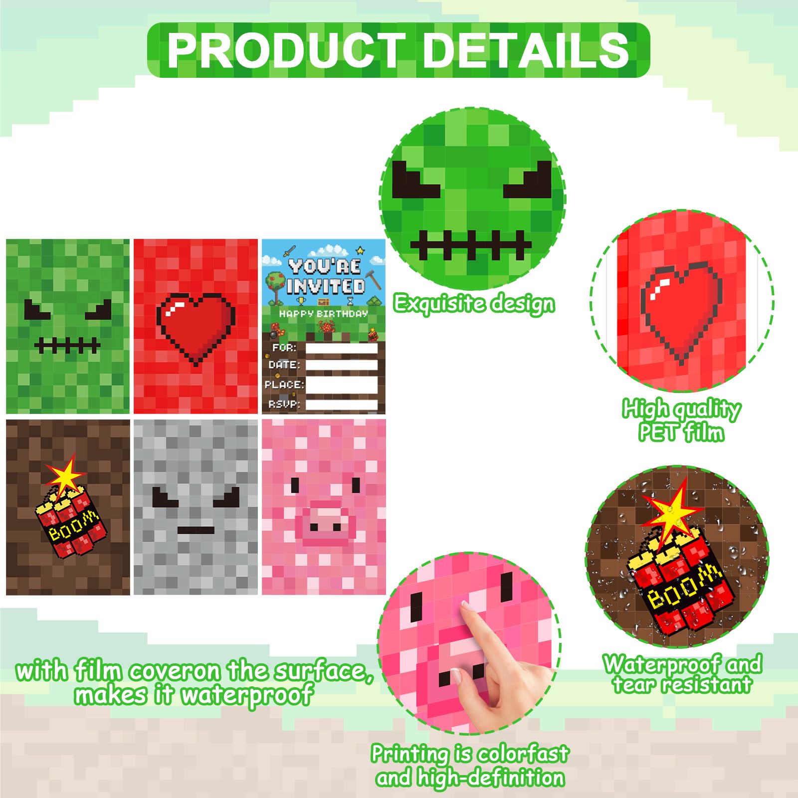 ZOIIWA Pixel Party Invitations with Envelopes, 30 Pieces, Video Game Themed Birthday Party Decorations