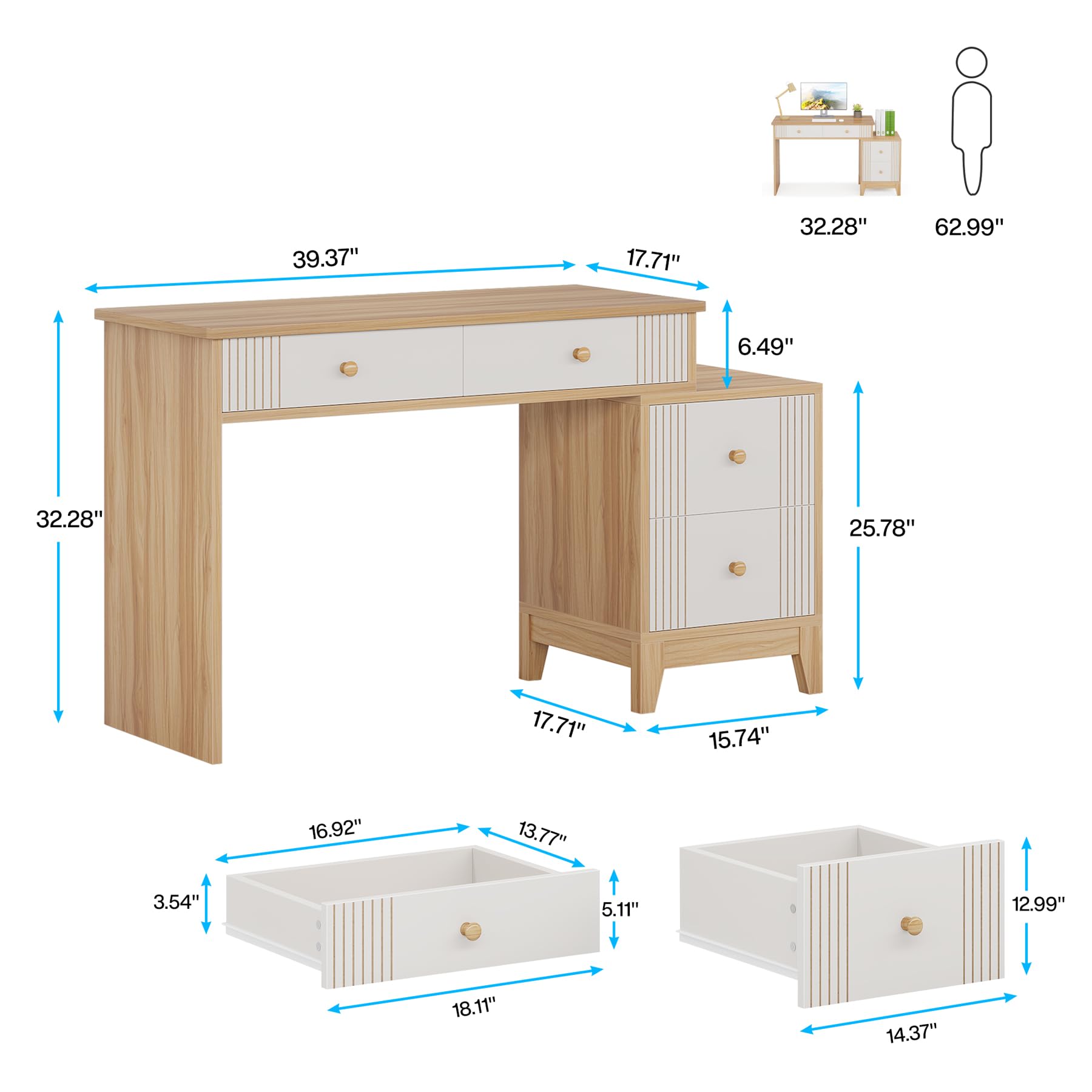 Tribesigns Computer Desk with 4 Drawers, 51-Inch Home Office Desks with Storage, Modern Wooden Executive Desk Study Writing Table Workstation for Small Space, Bedroom
