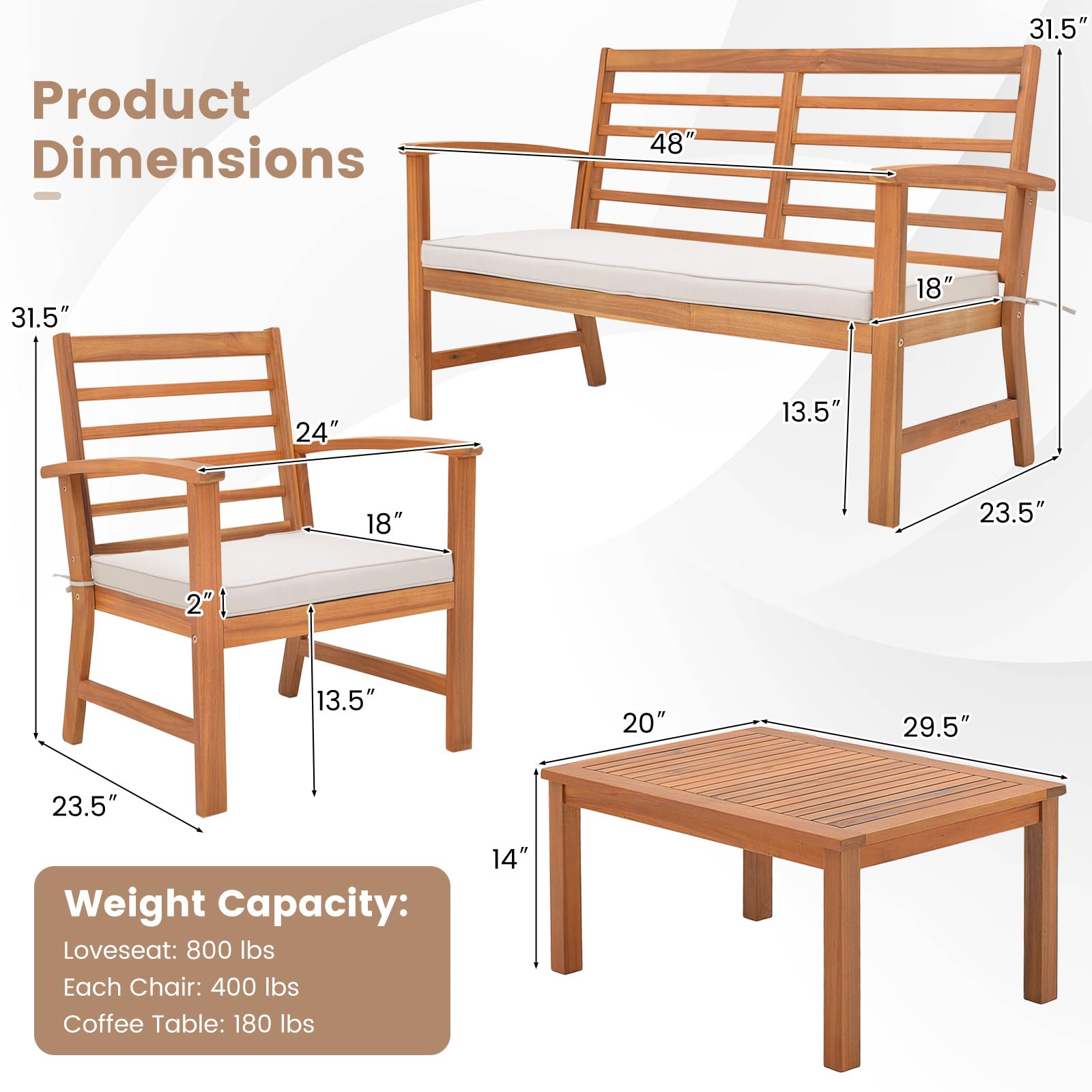 Tangkula 4 Pieces Outdoor Furniture Set, Acacia Wood Conversation Set w/Soft Seat Cushions, Stable Acacia Wood Frame, Patio Sofa & Coffee Table Set for Backyard, Porch, Poolside (White)