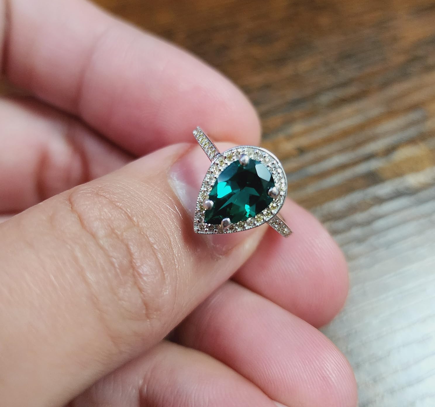 Galaxy Gold GG Stunning 1.69 Carat Total Weight 14K Solid White Gold Emerald and Natural Diamond Halo Ring Brilliant Pear Cut Tear Drop Shape Round Diamonds (6)