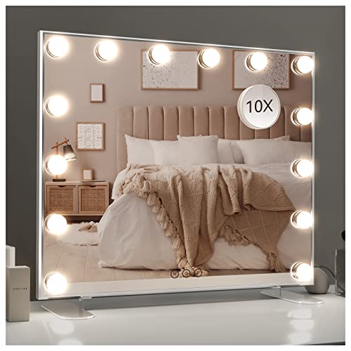 POPLIZZ Makeup Vanity Mirror with Lights - 23.62 x 20.7 Inch Lighted Makeup Mirror with 14 LED Bulbs, Touch Sensor, Table and Wall Mounted, Hollywood Mirror with 3 Light Colors