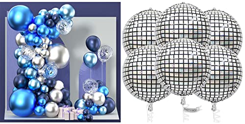 PartyWoo Blue and Silver Balloon Garland Kit 100 pcs and 6 pcs Disco Silver Foil Balloons