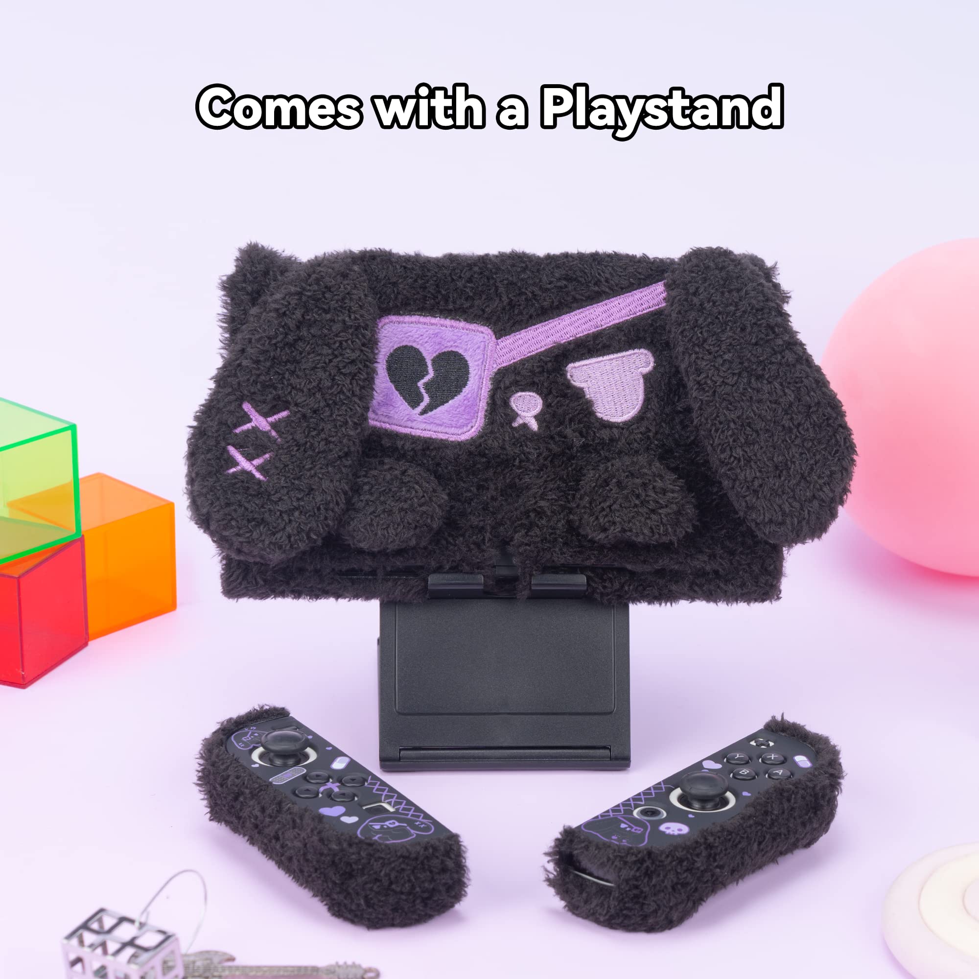 GeekShare Cute Plush Bunny Protective Case Cover - Anti-Scratch and Shock-Absorption Skin Case Compatible with Nintendo Switch OLED Console and Joy Con Only - Dark Plush Bunny