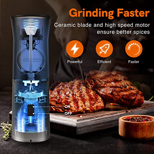 Gravity Electric Salt and Pepper Grinder Set - USB Rechargeable,Automatic Salt Pepper Mill with 5 Adjustable Coarseness, Ceramic Grinder with Bottom Cap, White LED Lights