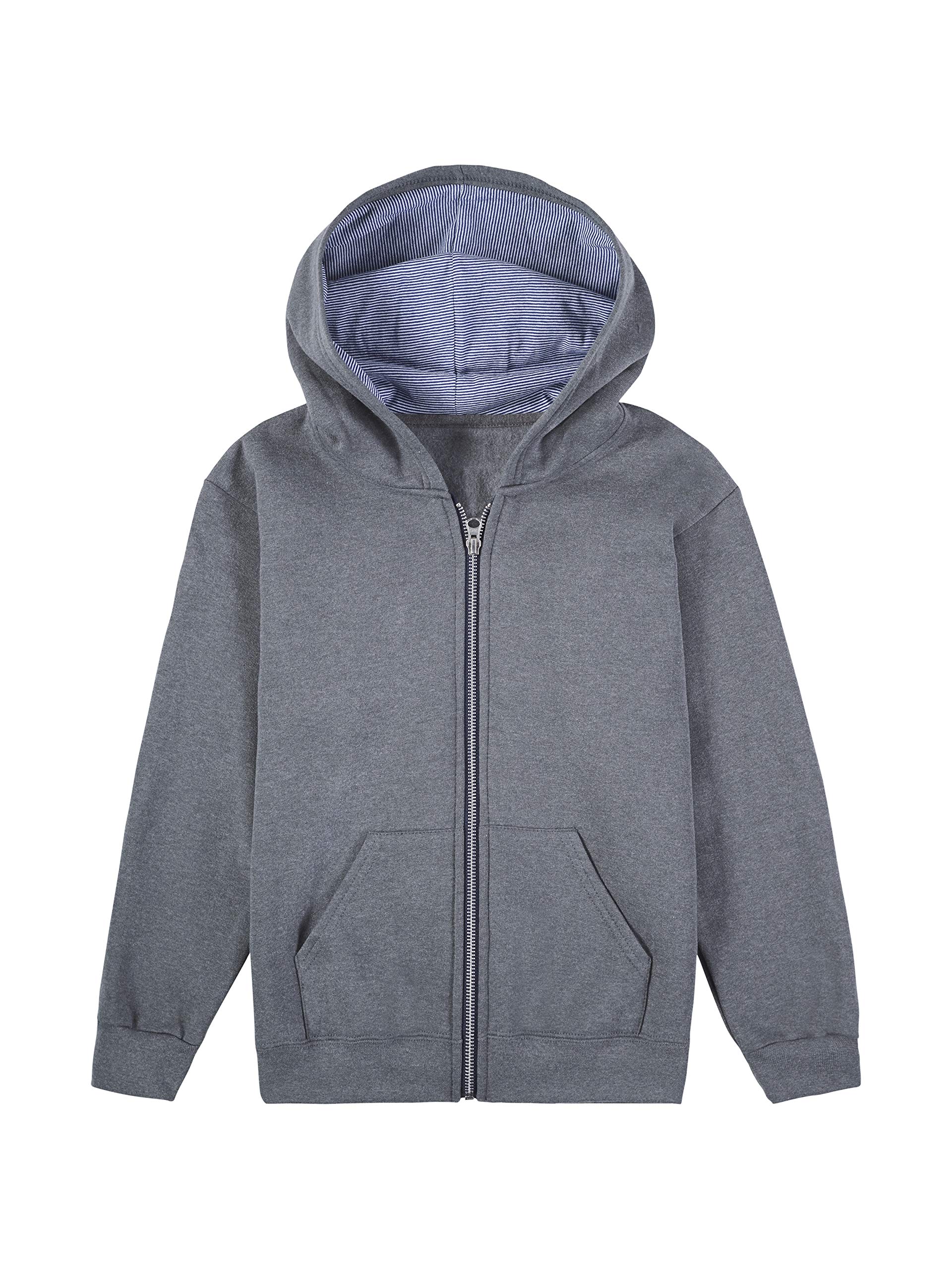 Fruit of the Loom Boys' Fleece Full Zip Hoodie Sweatshirt, CHARCOAL HEATHER/TIMES SQUARE NAVY STRIPE, Medium