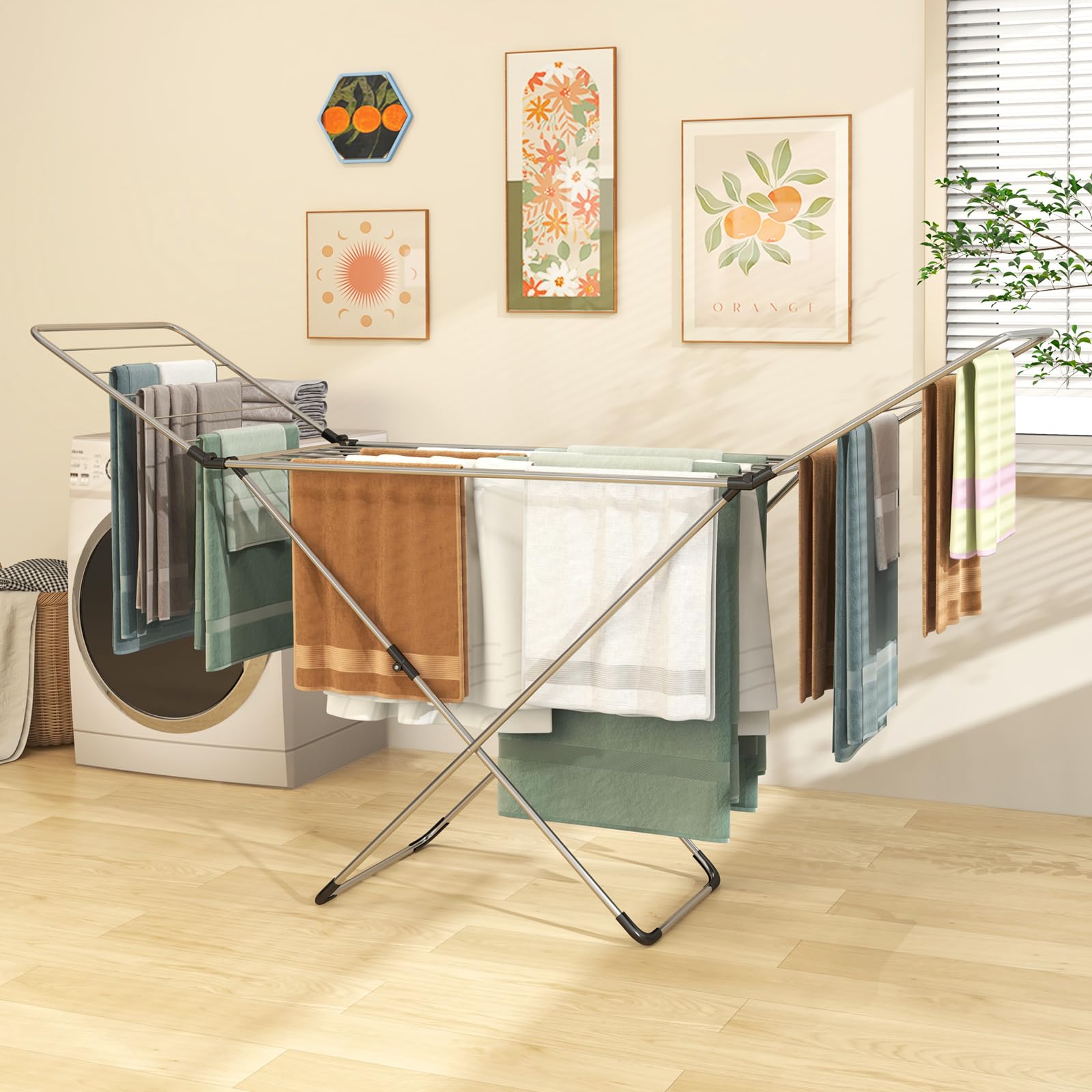 Tangkula Folding Clothes Drying Rack, Lightweight Aluminum Laundry Drying Rack w/Adjustable Wings, 20 Drying Rails, Space-Saving Laundry Hanger for Indoor & Outdoor Use, No Assembly, Silver