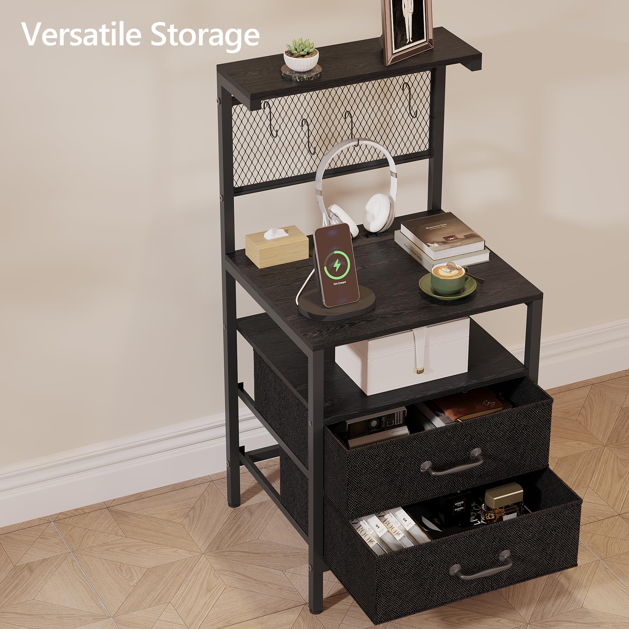 TRIFEBLE Tall Nightstand Set of 2 with Charging Station and LED Lights, Night Stand with Fabric Drawers, Bedside Table 36.4 Inch with Storage Shelves, Side Table, Mesh Shelves with Hooks, Rustic Brown