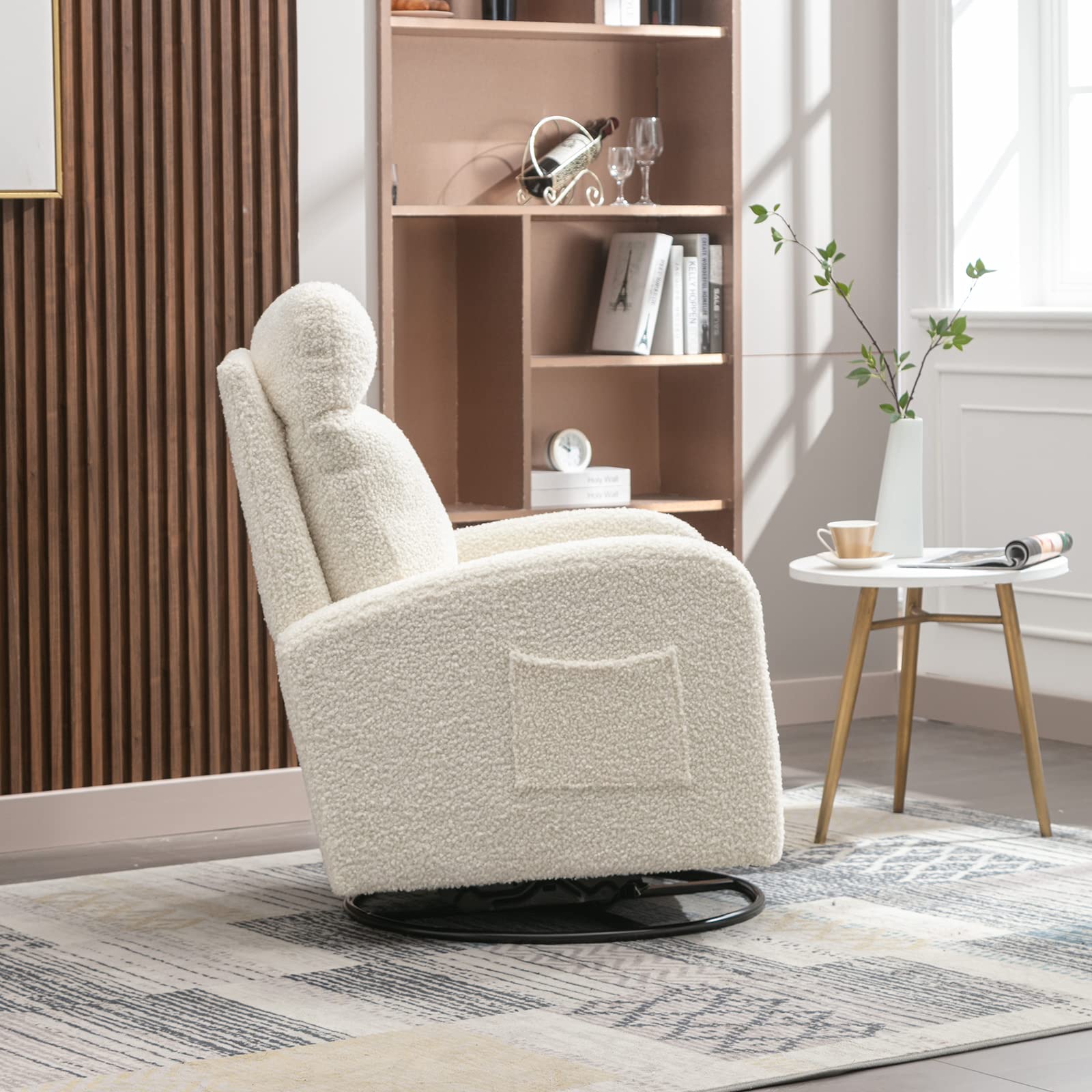 LUCKHAO Swivel Rocking Chair,Nursery Swivel Glide Armchair Teddy Fabric Upholstered Modern Rocking Chairs with High Backrest for Nursery, Bedroom, Living Room(White Teddy