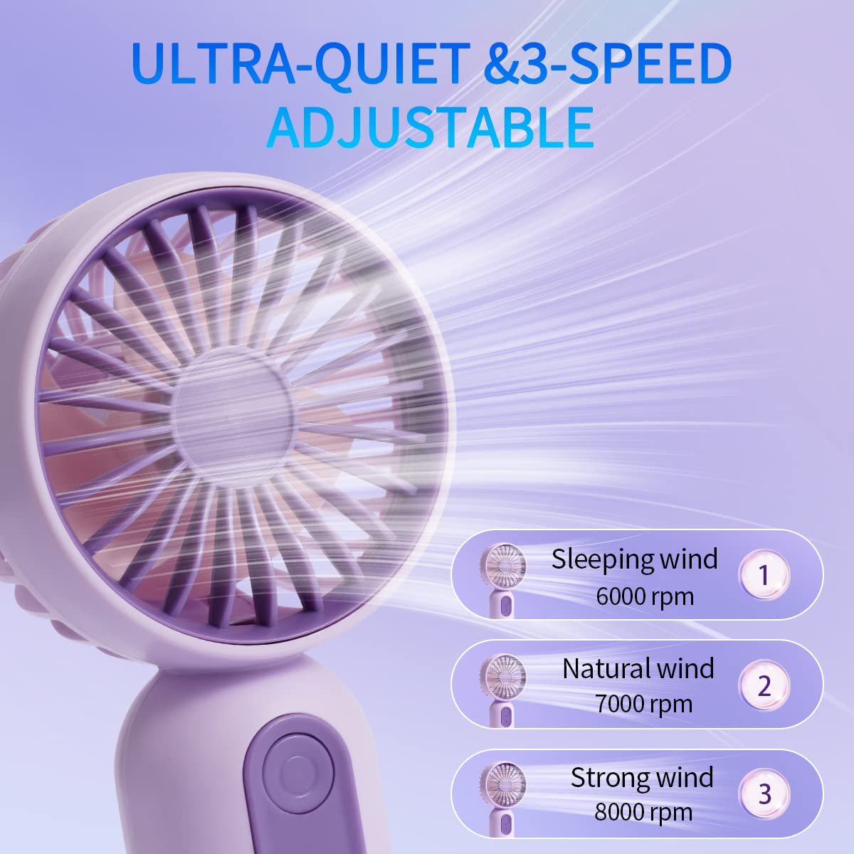 VanSmaGo [Portable Mini Fan 3-pack] Handheld Personal Small Fan with 3-speed for Travel, USB Rechargeable Battery Operated Eyelash Fan, Pink&Blue&Purple