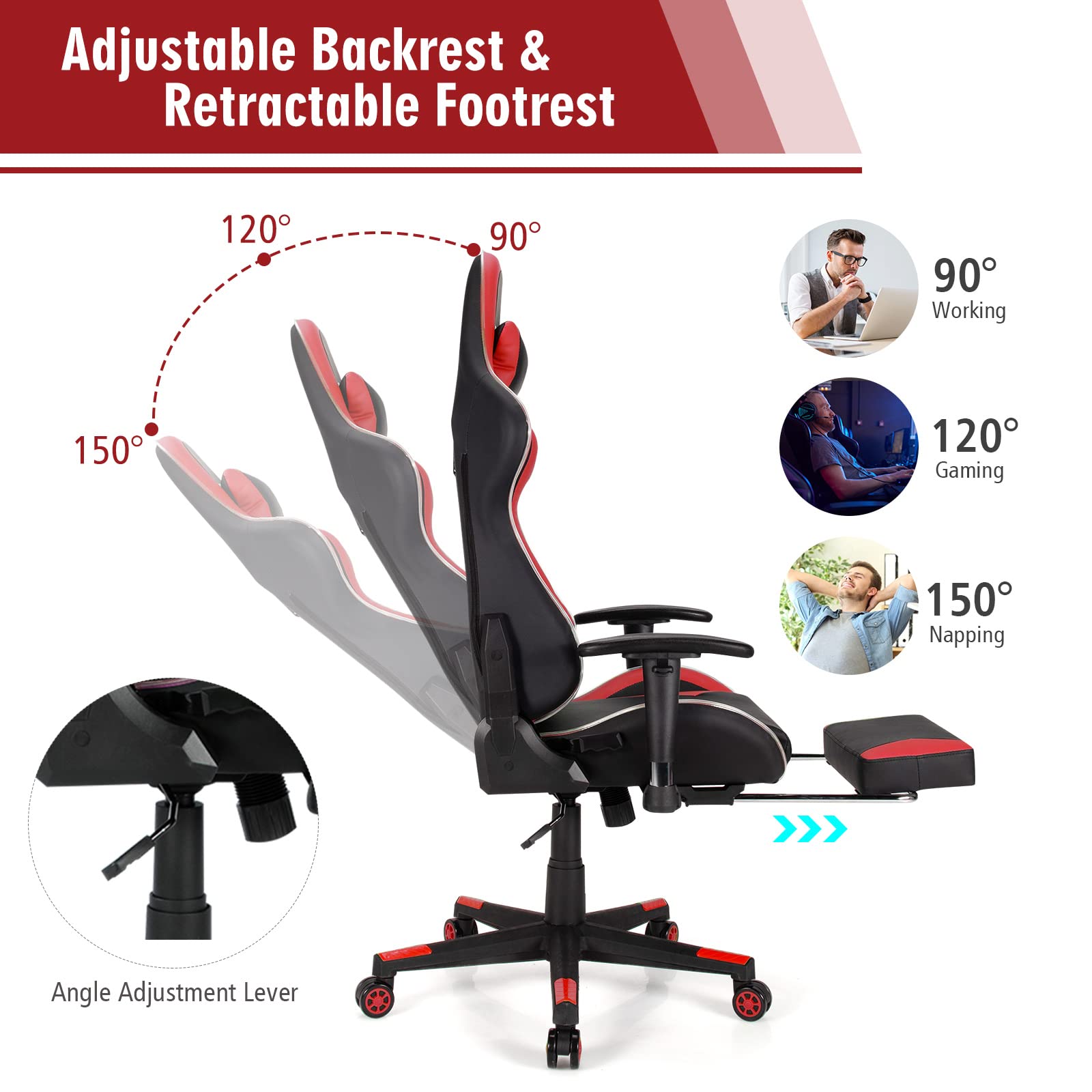 Goplus Massage Gaming Chair with LED Light, Reclining Backrest Handrails and Seat Height Adjustment Racing Computer Office Chair with Footrest, Ergonomic High Back PU Swivel Game Chair