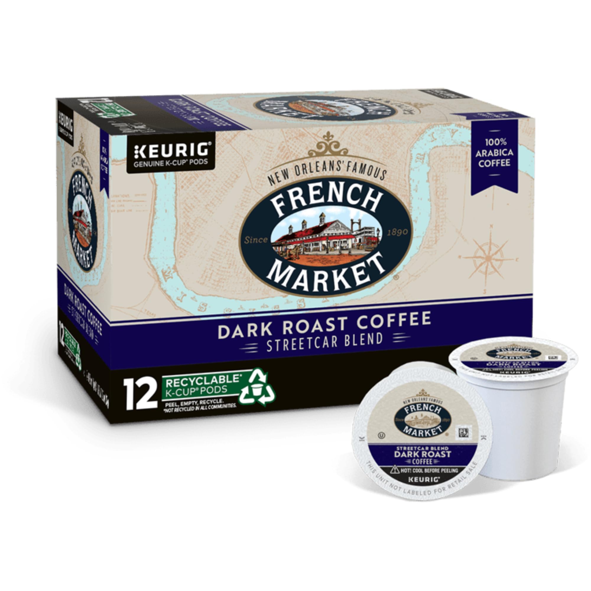 French Market Coffee, Streetcar Blend, Single Serve Coffee K-Cup Pods, Dark Roast, 12 Count
