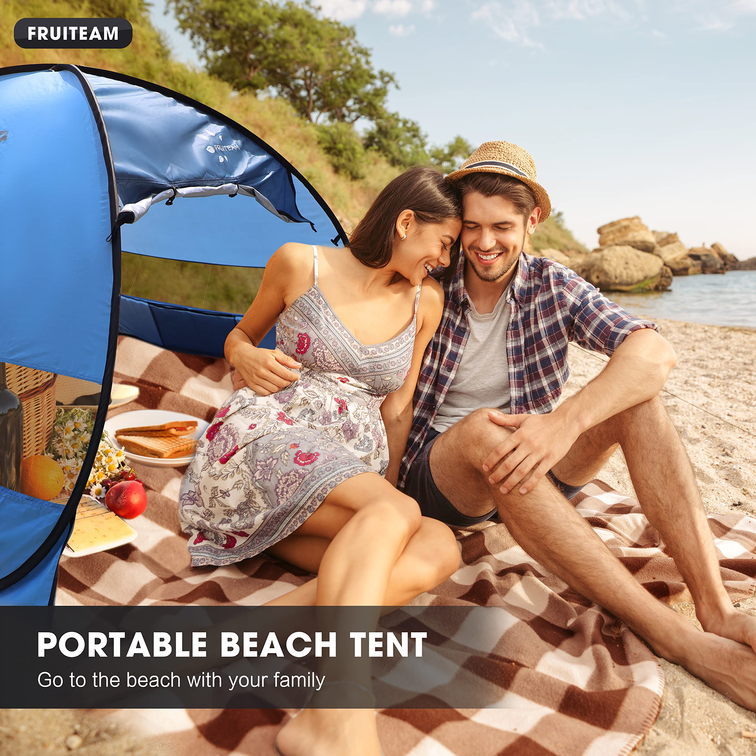 FRUITEAM Pop Up Beach Tent Sun Shelter for 3-4 Person with UV Protection for Camping/Outdoor/Beach, Blue