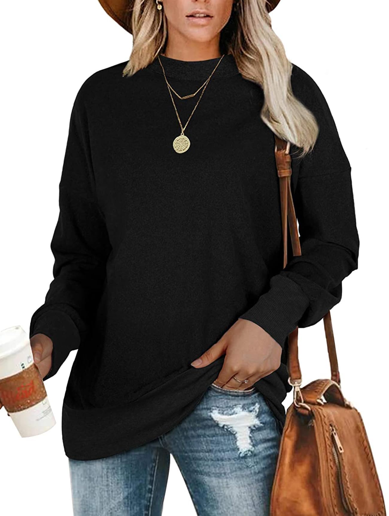 Hount Long Sleeve Shirts for Women Casual Pullover Sweatshirts Loose Fall Tunic Tops Blouses (X Large, Brown)