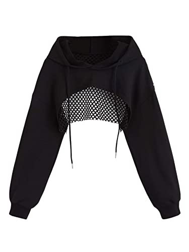 Verdusa Women's Hollow Out Fishnet Long Sleeve Drawstring Hoodie Super Crop Sweatshirt Black L