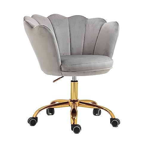 ZOBIDO Comfy Home Office Task Chair with Wheels, Cute Modern Upholstered Velvet Seashell Back Adjustable Swivel Vanity Desk Chair, for Women, for Girls, Living Room, Bedroom (Grey)